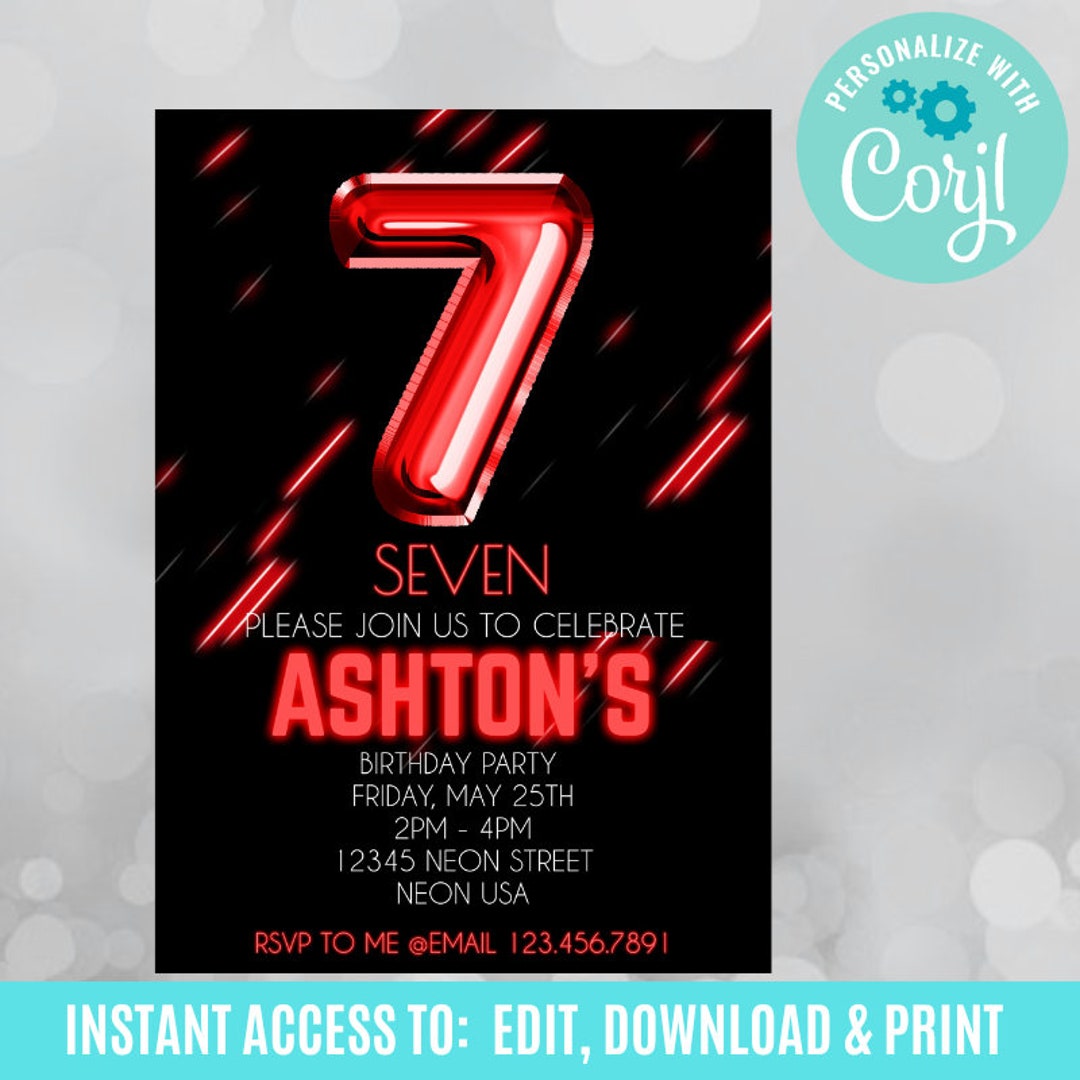 7th Birthday Invitation, Birthday Invitations for Boys, Neon Birthday ...