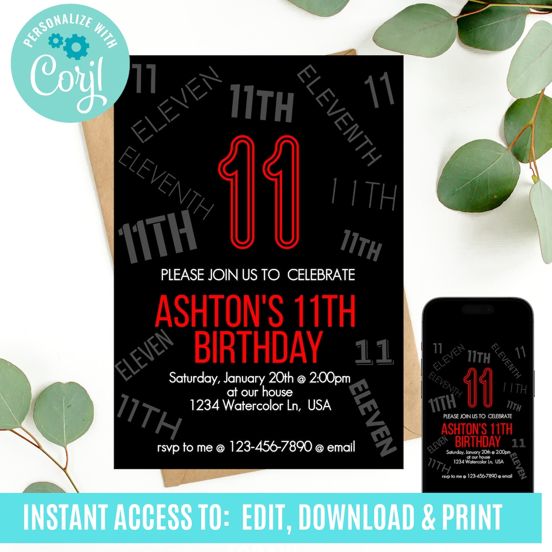 11th Birthday, 11th Birthday Invitation, Birthday Invitation, Birthday ...