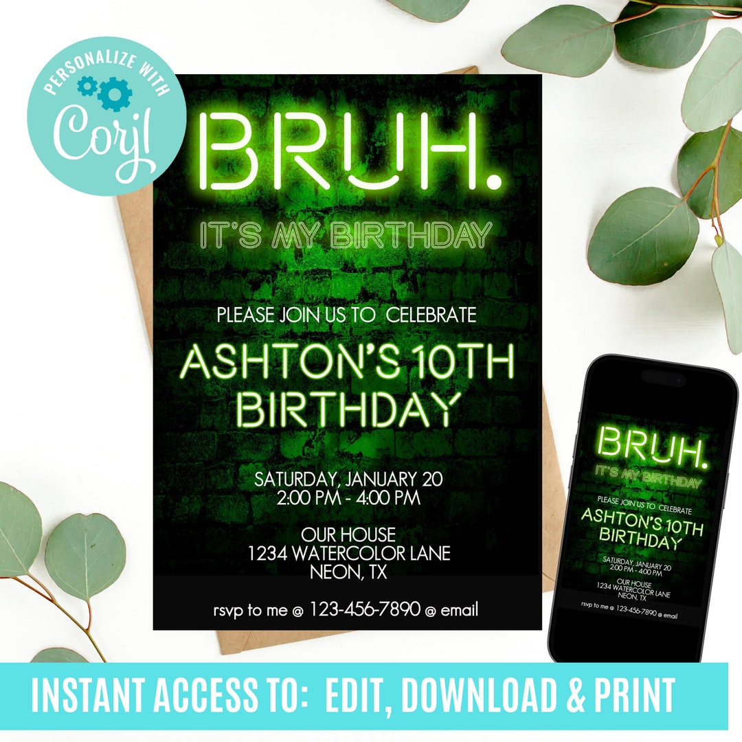 Bruh Birthday Invitation, Bruh Invite, Neon Birthday Invitation, Glow ...