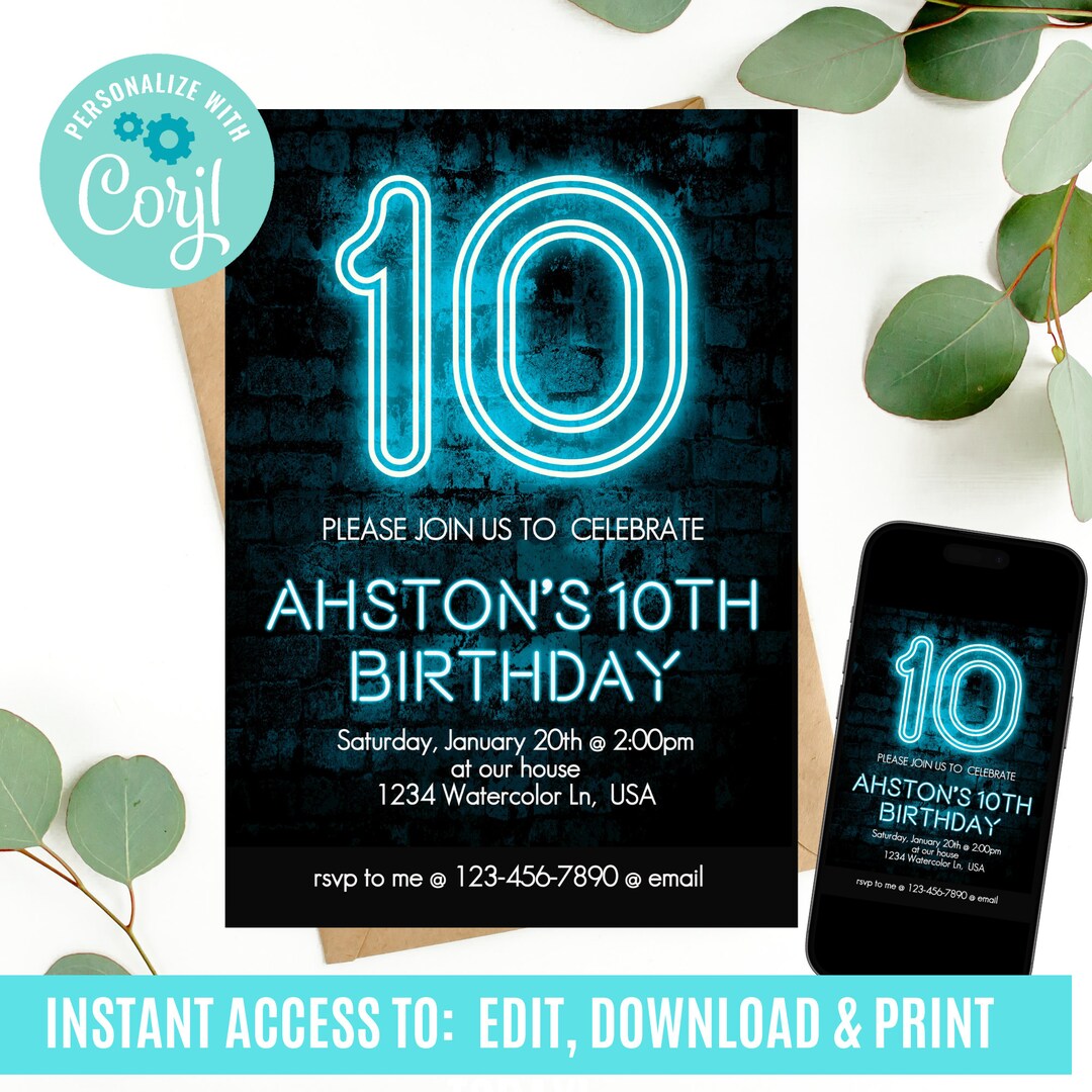 Any Age, Neon Light Birthday Invitation, 10th Birthday Invitation ...