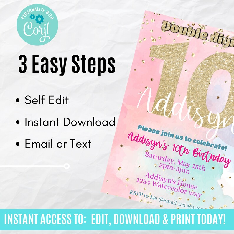 10th Birthday Invitation Girl, Double Digits Birthday Invitation, 10th ...