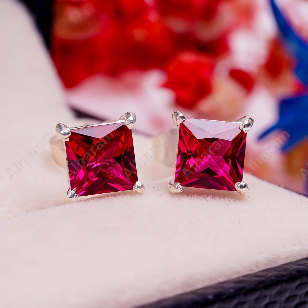 Ruby Stud Earrings, Mozambique Red Ruby Earrings, Ruby Princess Cut ...