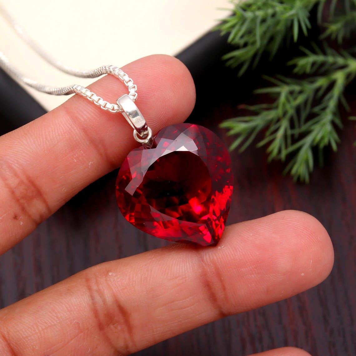 Heart Ruby Pendant: Blood Red Gemstone Necklace, Sterling Silver ...