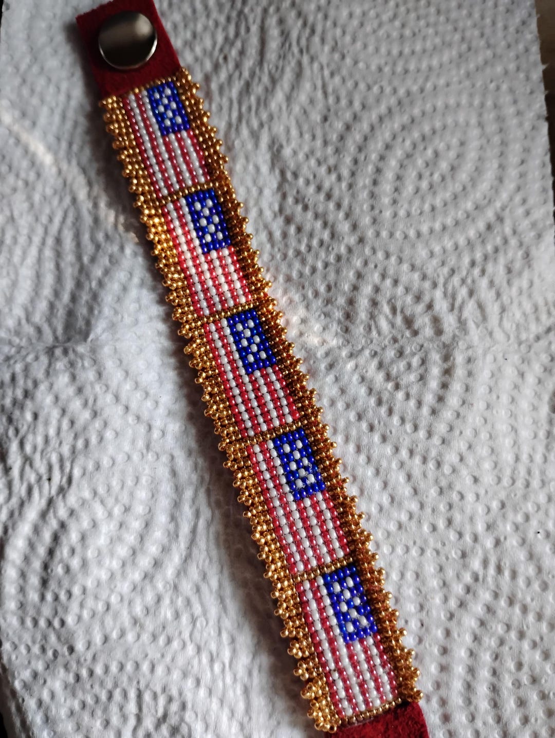 Beaded American Flag Leather Bracelet Handmade by Me Fluted in Gold - Etsy