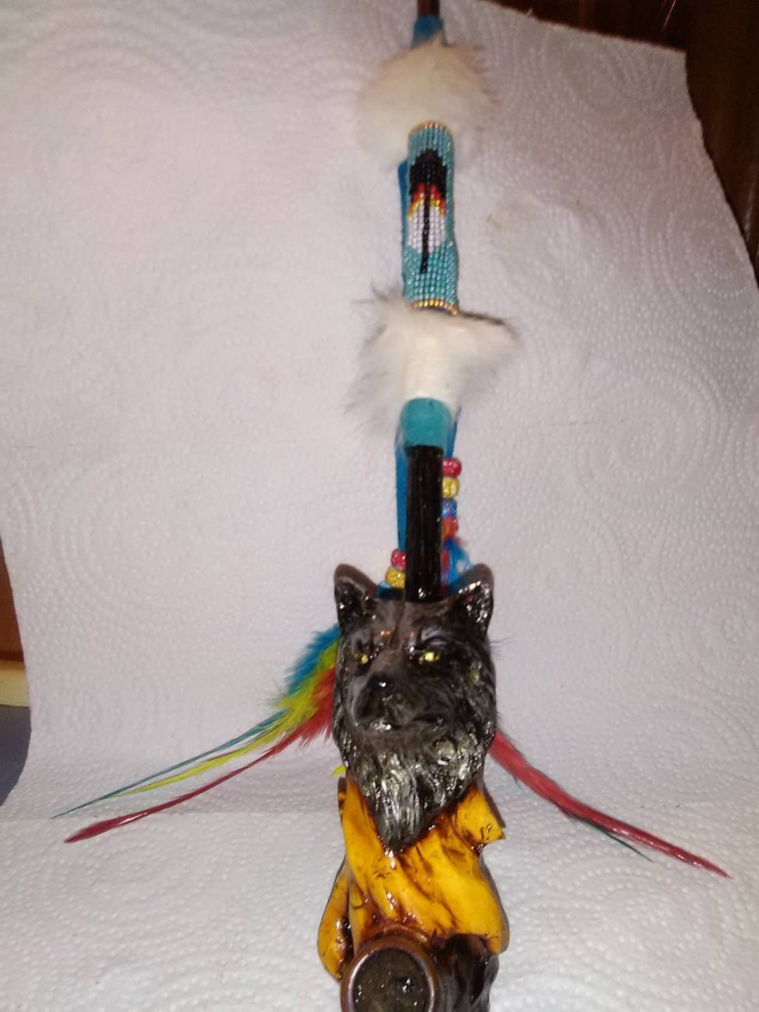 Cerrimonial Pipes, Beaded Wolf Pipe Bowl, Functional, Standing, Native ...