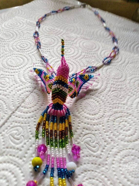 Beaded Hummingbird Necklace Handmade Native American 20 Inches Long Hummingbird in Flight