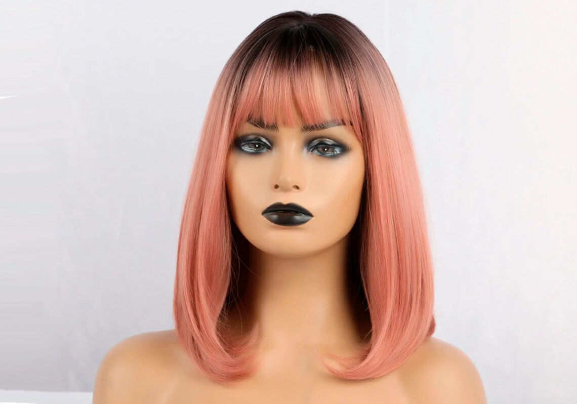 Rose Pink Wig With Bangs Ombre Pink Rose Gold Wig Straight Bob - Etsy
