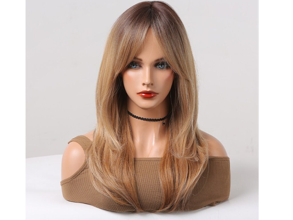 Gold Blonde Layered Wig With Bangs Golden Platinum Wig Honey - Etsy