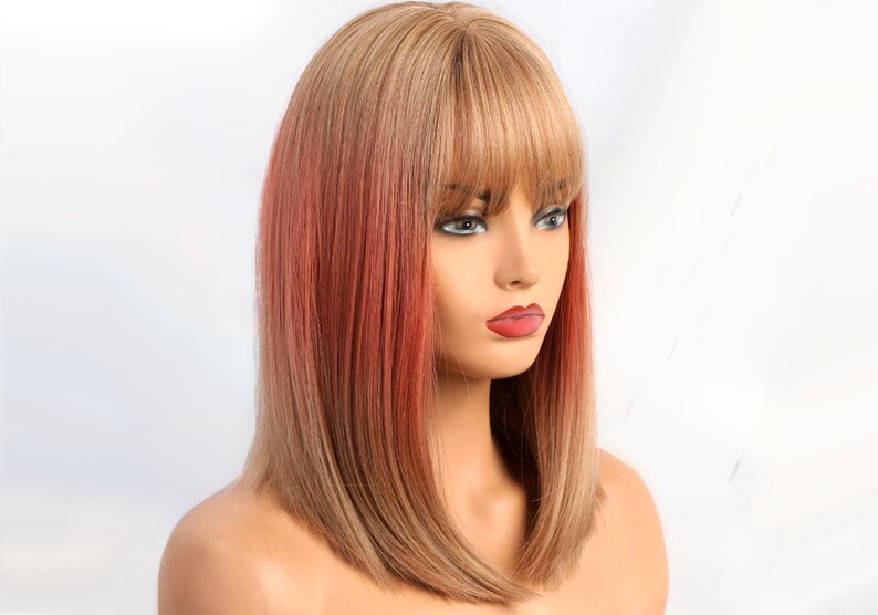 Rose Pink Wig With Bangs Ombre Pink Rose Gold Wig Straight Bob - Etsy