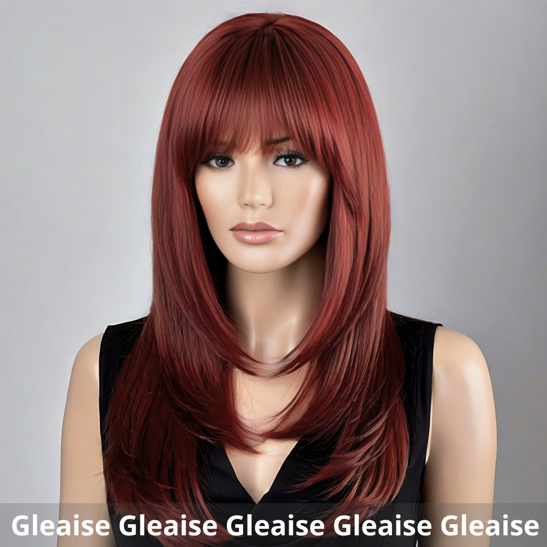 Long Layered Burgundy Wig With Bangs | Reddish Brown Synthetic Heat ...