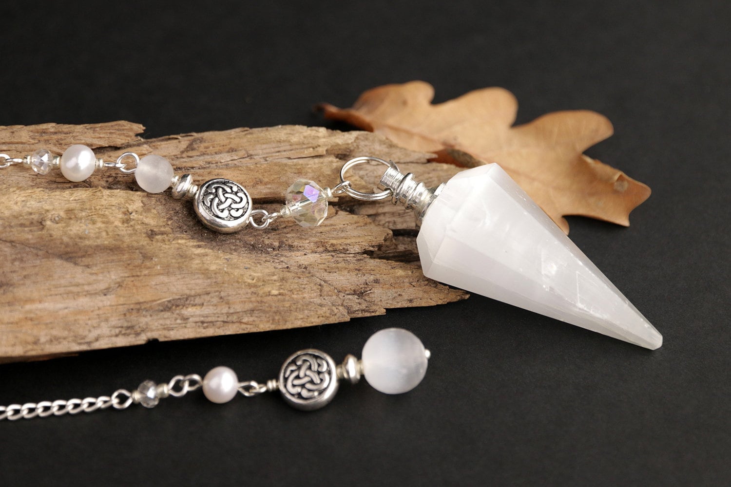 Selenite Pendulum Handmade With Fresh Water Pearl Accents. White Selenite Gemstone Pendulum ...