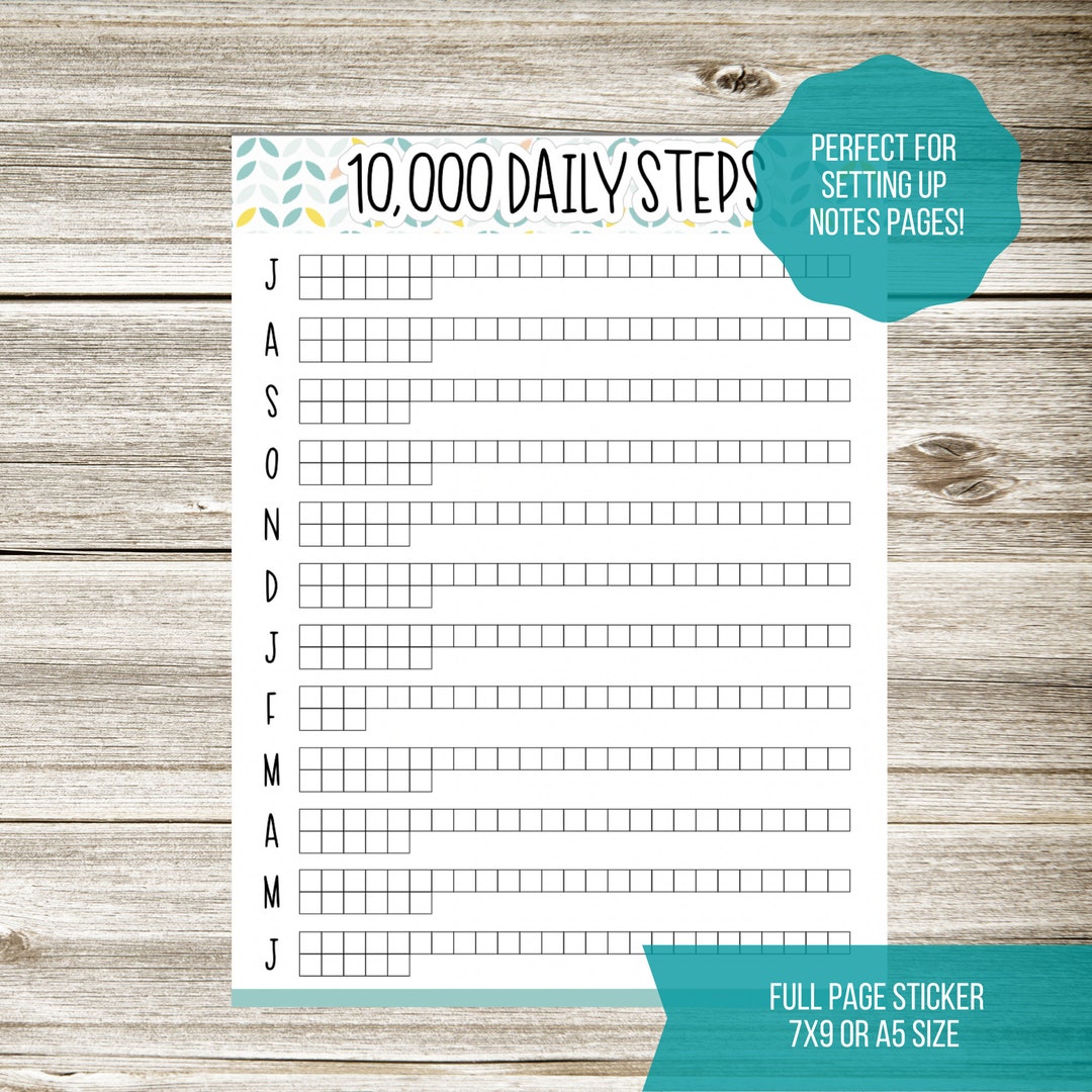 Steps Tracker 10,000 Daily Steps Full Page Notes Sticker A5 or 7x9 ...