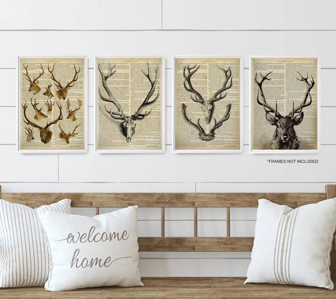 STAG HEAD Vintage Victorian Style Set of 4 Deer Stag Art Prints Beige ...