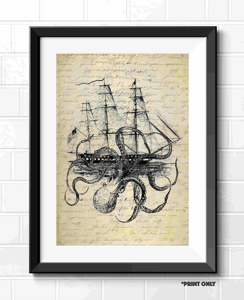 Nautical Octopus Moby Dick The Kraken Anchor Artwork A4 A3 A2 Etsy