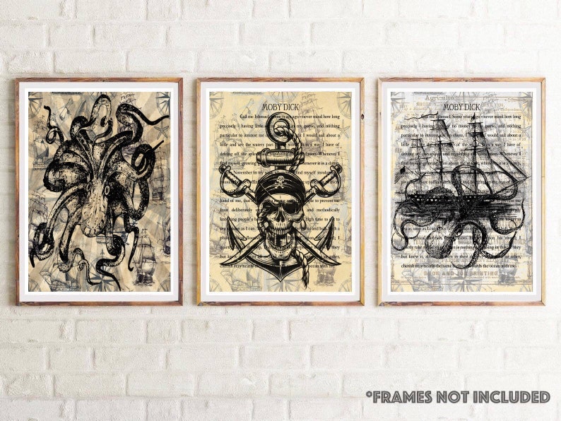 Nautical Sailing Moby Dick Octopus The Kraken Skull Pirate Art Etsy