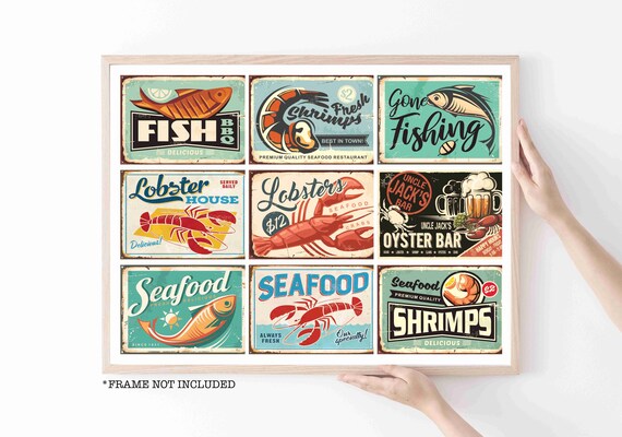 Collage Posters Retro Seafood Fish Shrimp Lobster Fishing | Etsy