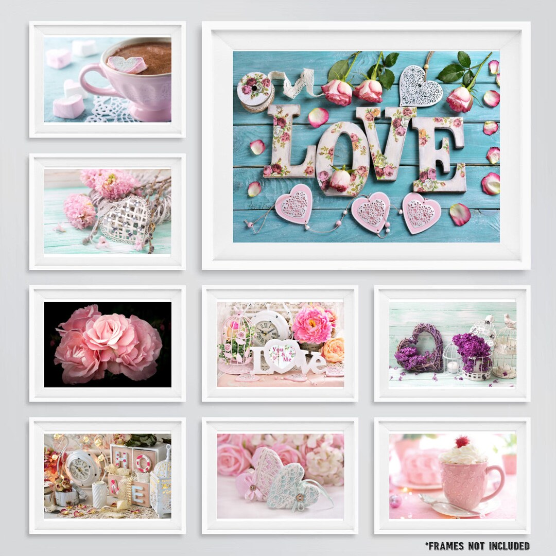 SHABBY CHIC Love Hearts Floral Poster Prints Pink Purple White Green ...