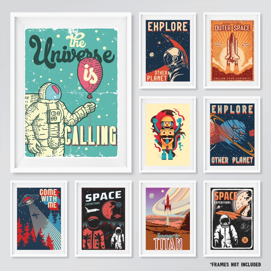 Retro Outer Space Pop Art Poster Prints Space Rockets Astronauts Sci-fi ...