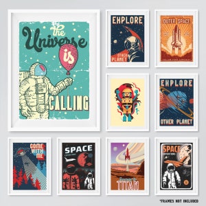 Retro Outer Space Pop Art Poster Prints Space Rockets Astronauts Sci-fi ...