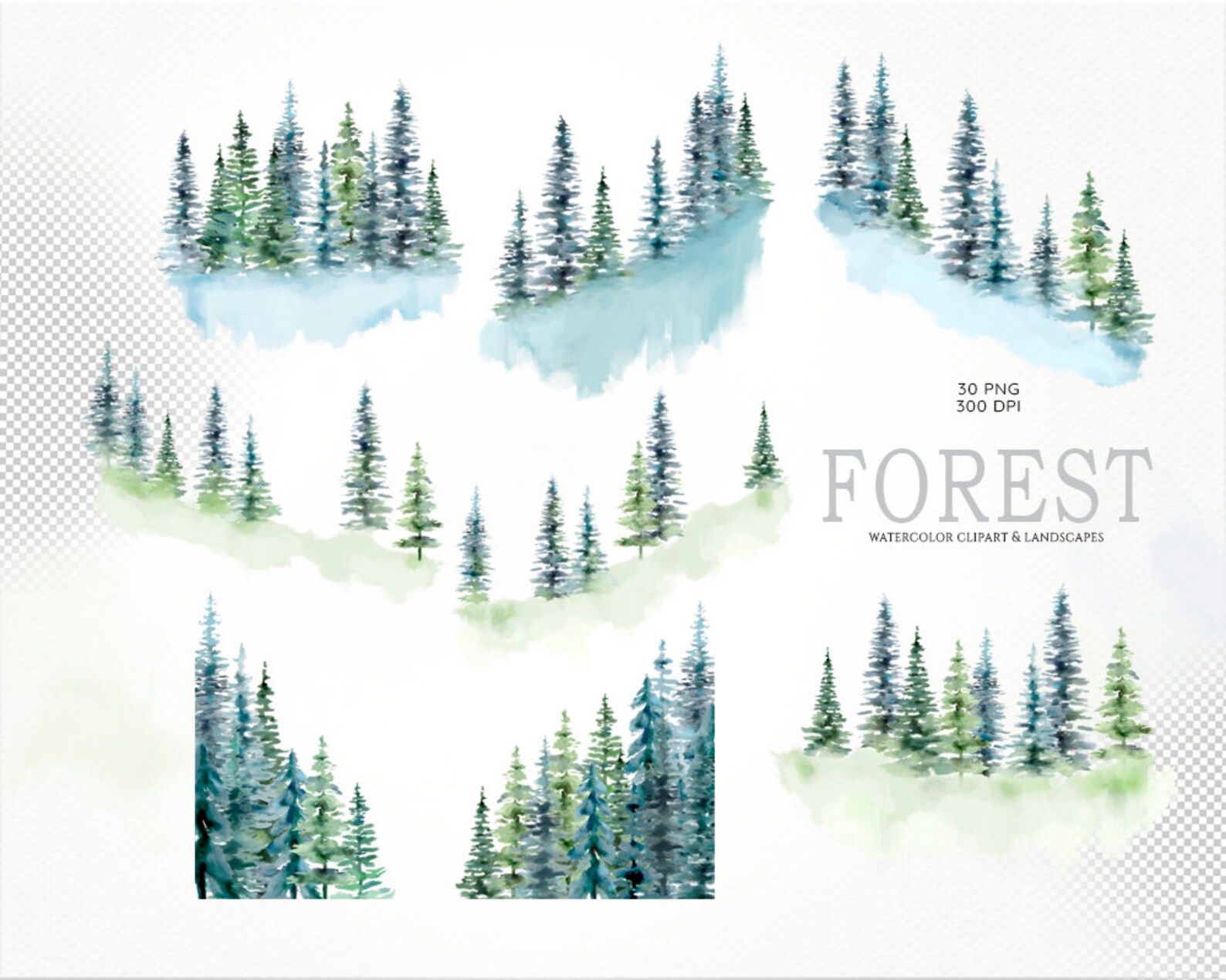Watercolor Forest Clipart Trees Landscape Mountain Clipart - Etsy