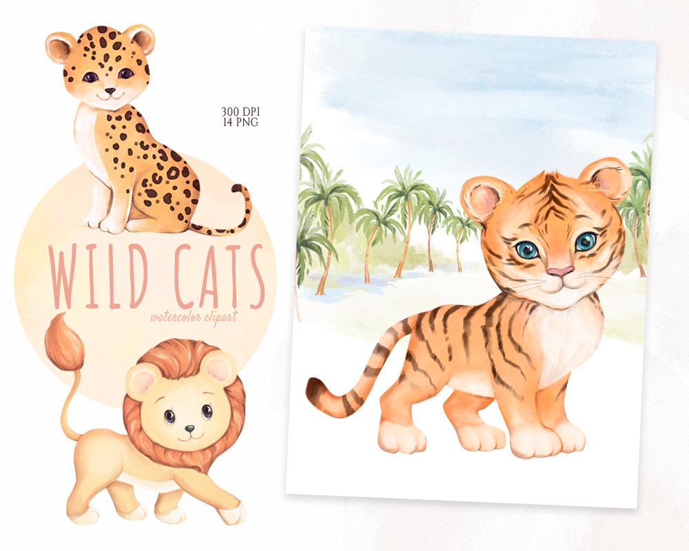 Wild Cats Watercolor Baby Animals Clipart Wild African Cute | Etsy