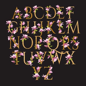 Gold Watercolor Letters, Gold Foil Alphabet, Magnolia Alphabet, Flowers ...