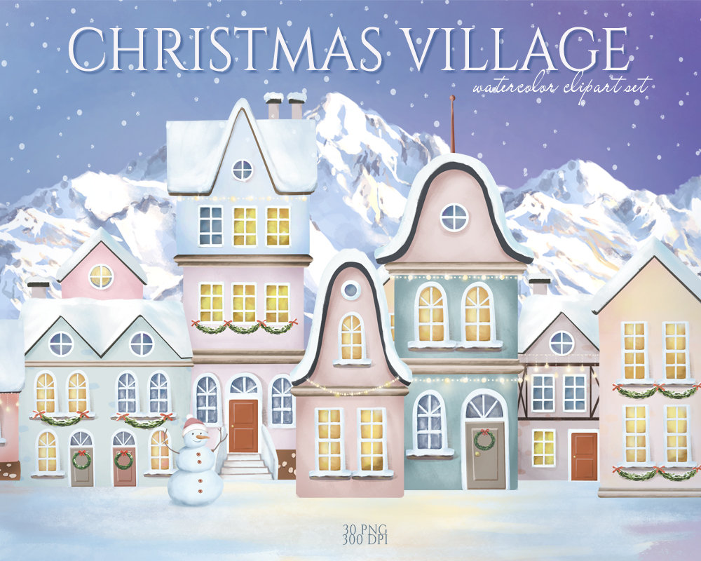Christmas Village Clipart Winter Town Watercolor Houses | Etsy