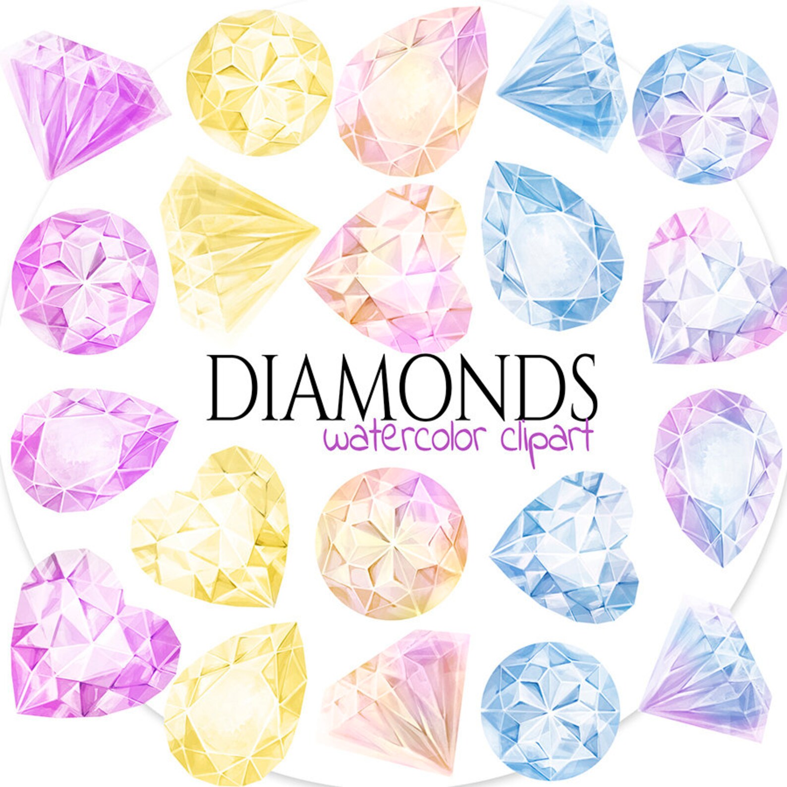 Watercolor Crystals Clipart Diamonds Clipart Watercolor | Etsy