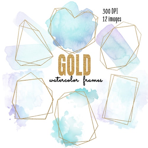 Purple Watercolor Splashes Clipart Geometric Golden Frames | Etsy