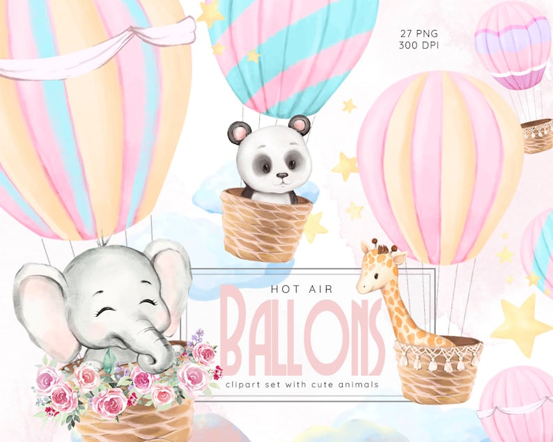 Hot Air Balloon Watercolor Nursery Animals Clipart Elephant - Etsy