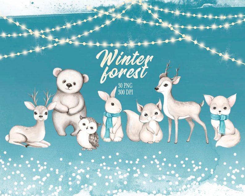 Woodland Winter Animals Clipart Watercolor Christmas Animal - Etsy