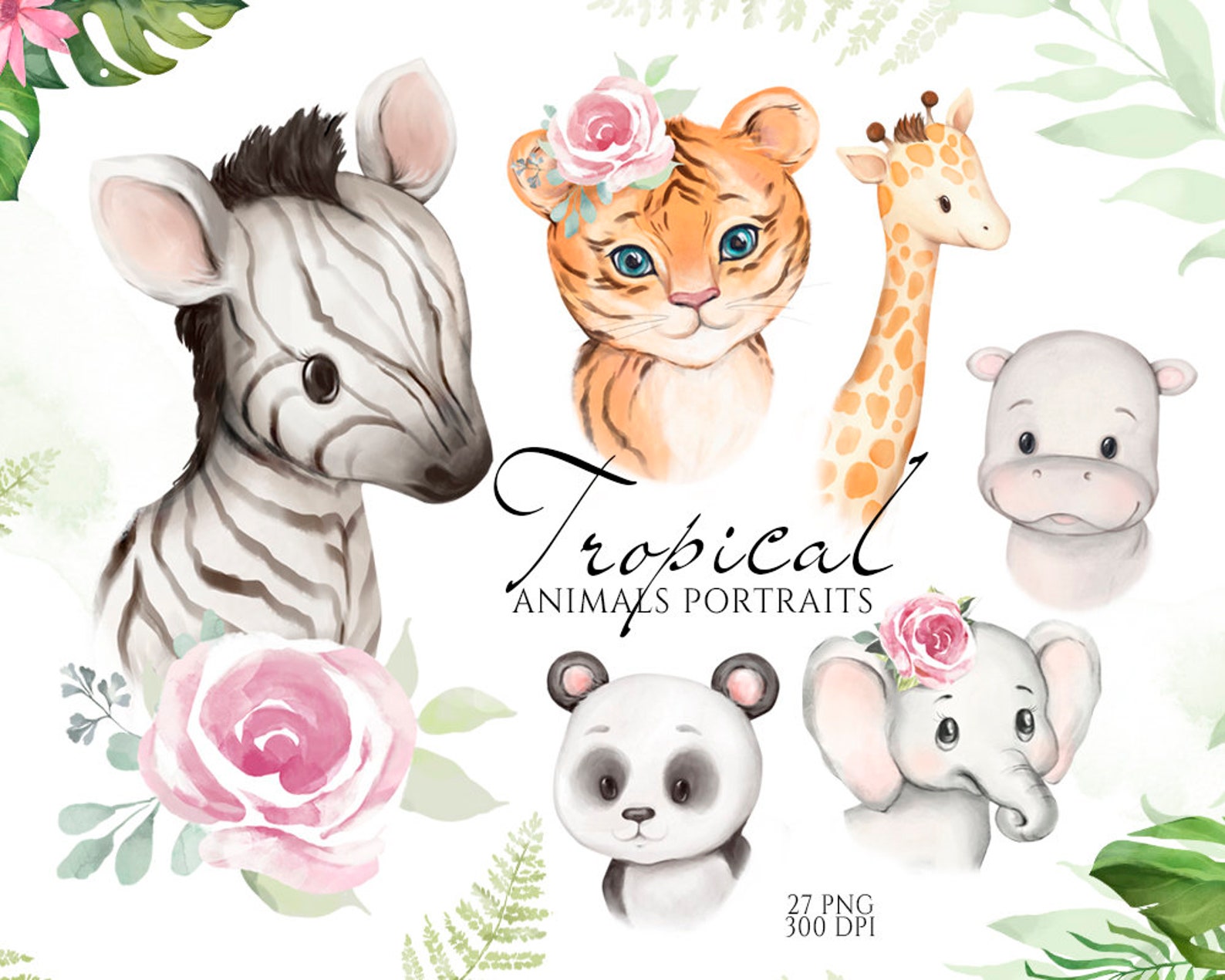 Watercolor Tropical Animals Clipart Jungle Baby Elephant - Etsy