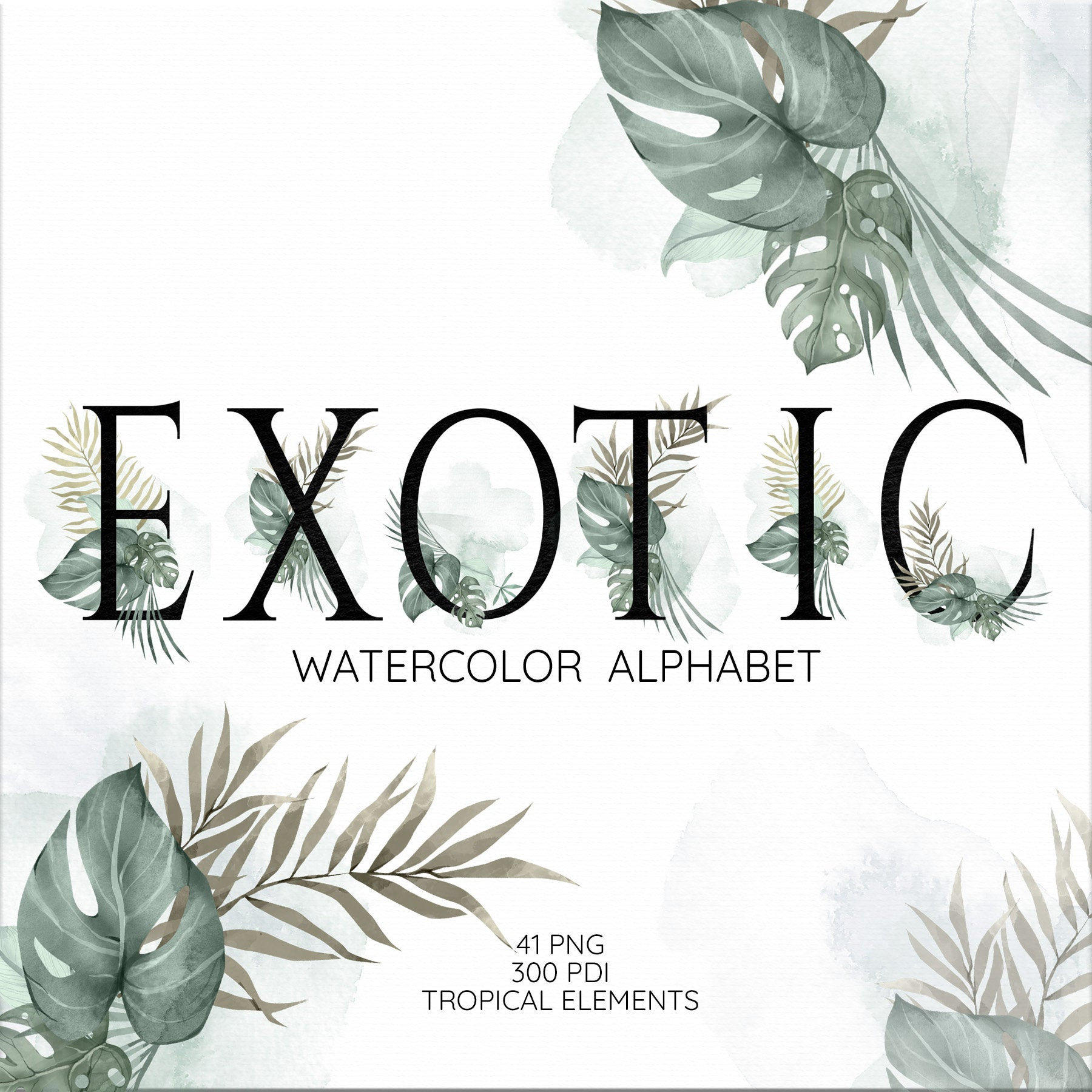 Watercolor Floral Letters With Palm Leaves Clipart Tropical - Etsy