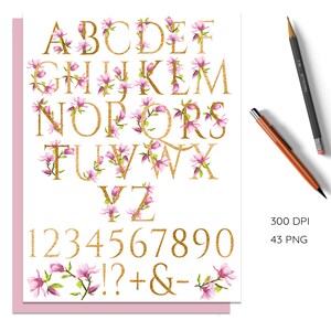 Gold Watercolor Letters, Gold Foil Alphabet, Magnolia Alphabet, Flowers ...