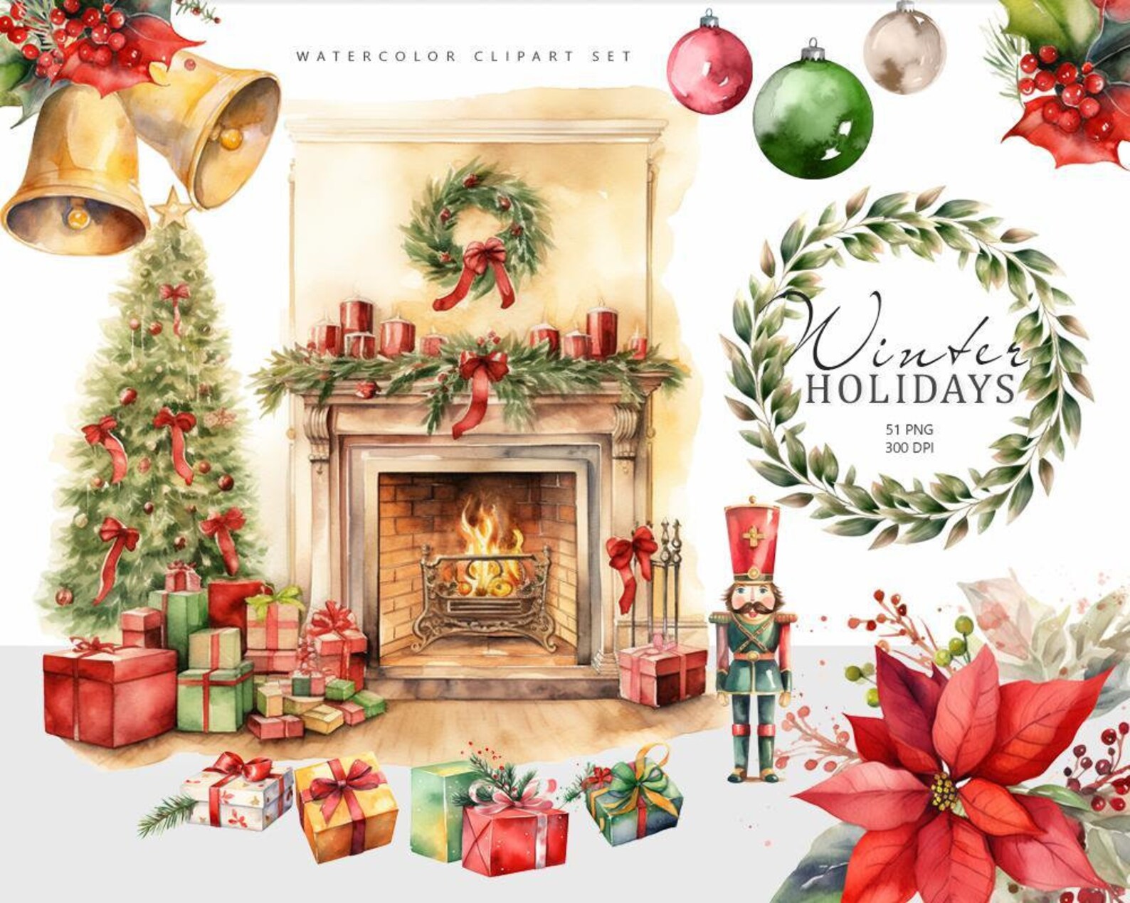Watercolor Christmas Clipart: Cozy Winter Holiday PNG (digital Download ...