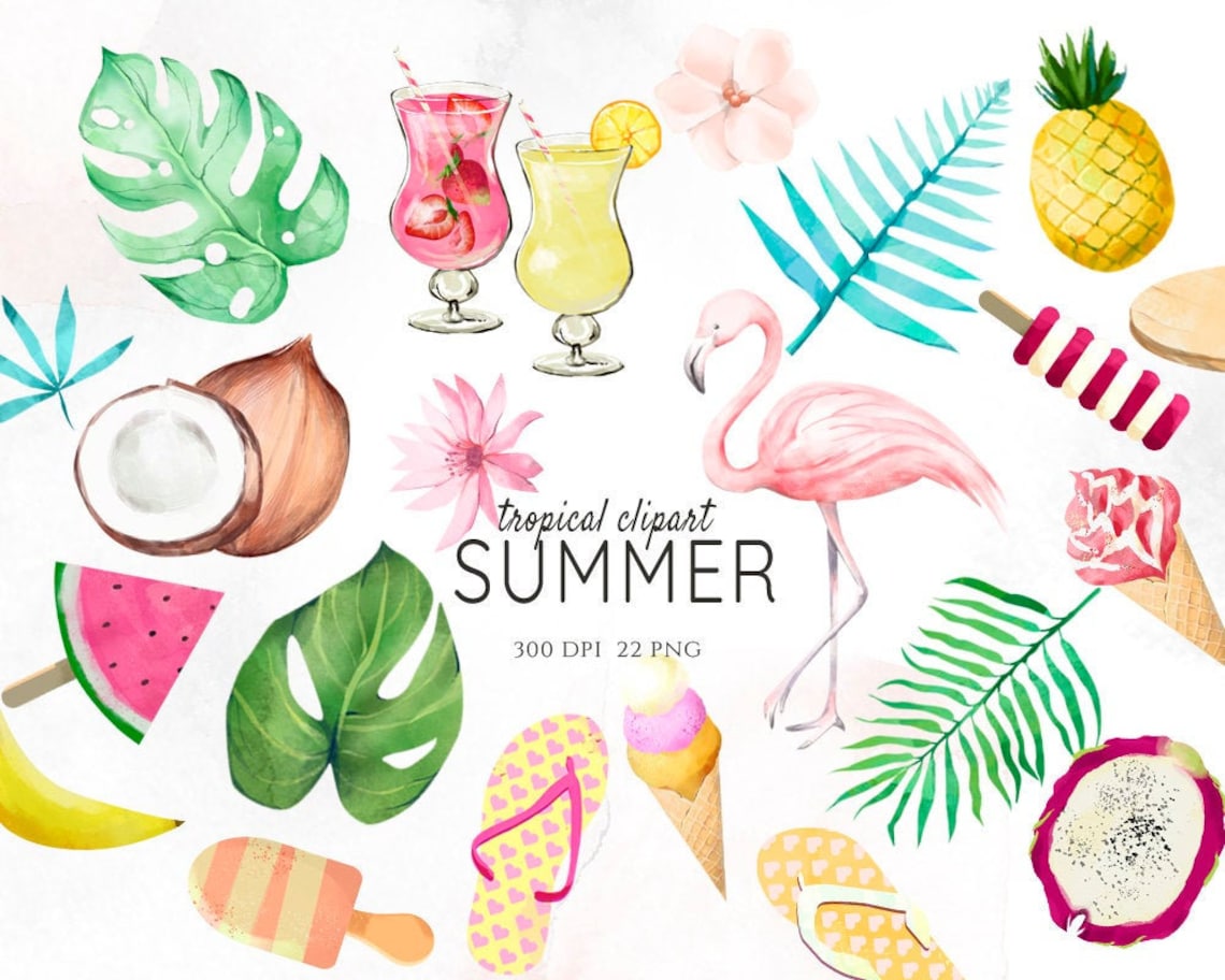 Tropical Clipart, Watercolor Summer, Palm Leaves Clipart, Tropical ...