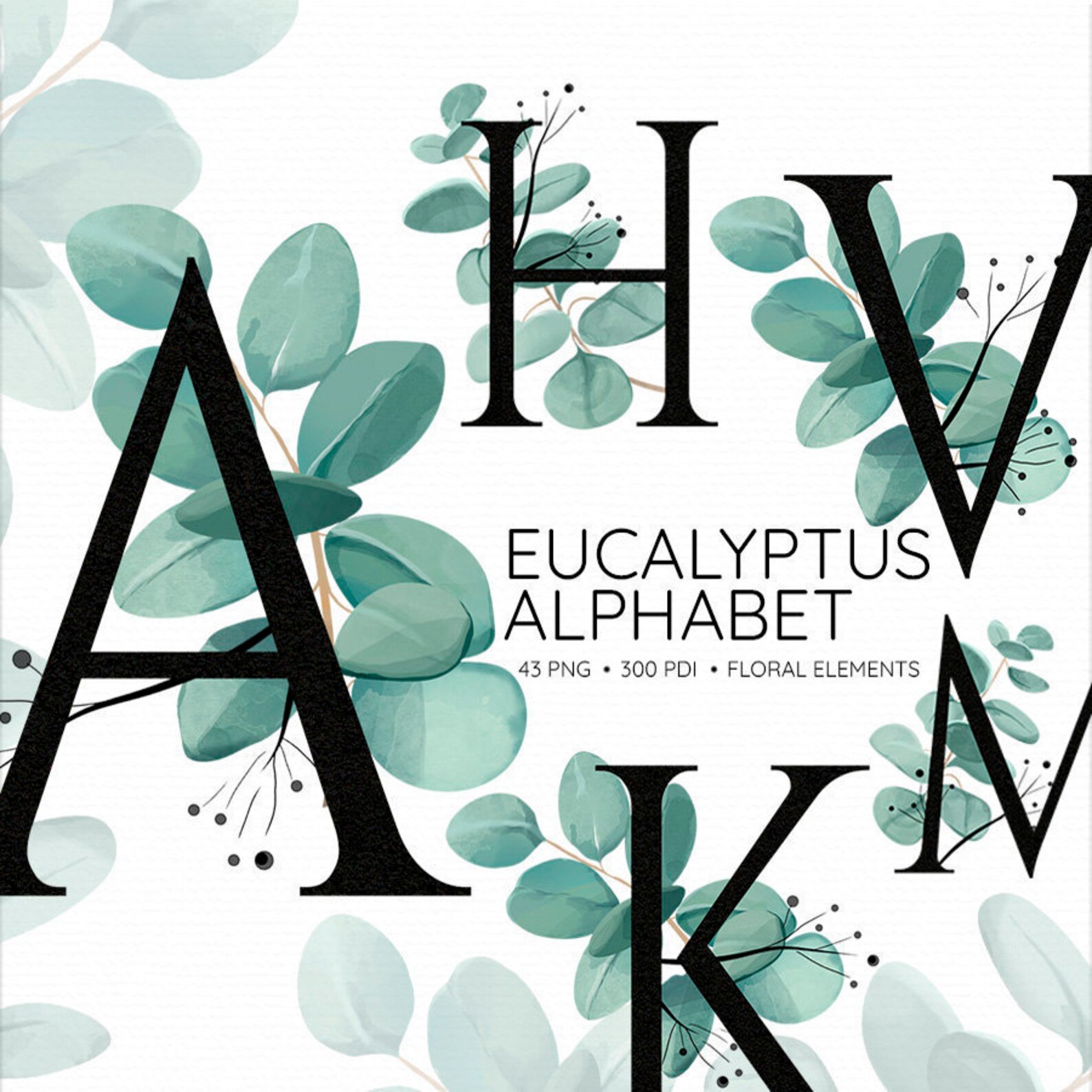 Watercolor Greenery Alphabet Floral Alphabet Eucalyptus Clip - Etsy