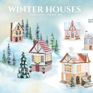 Winter Village Clipart, Christmas Landscape, Winter Clipart, Mountain ...