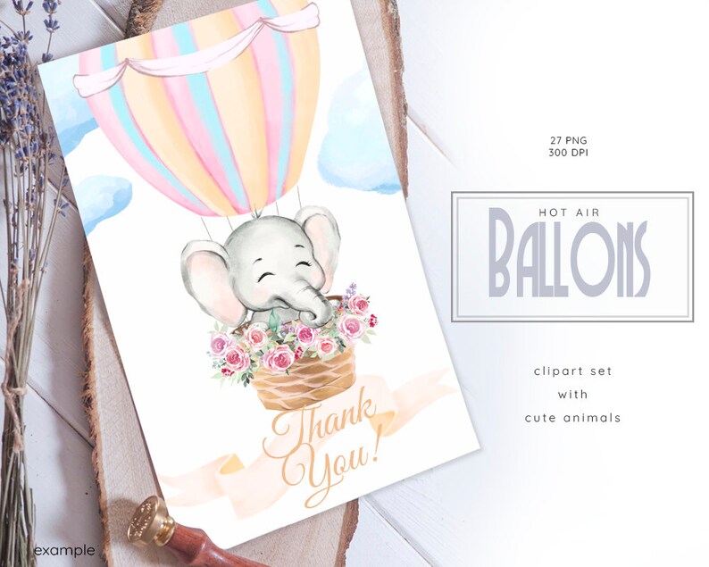 Hot Air Balloon Watercolor, Nursery Animals Clipart, Elephant, Baby ...