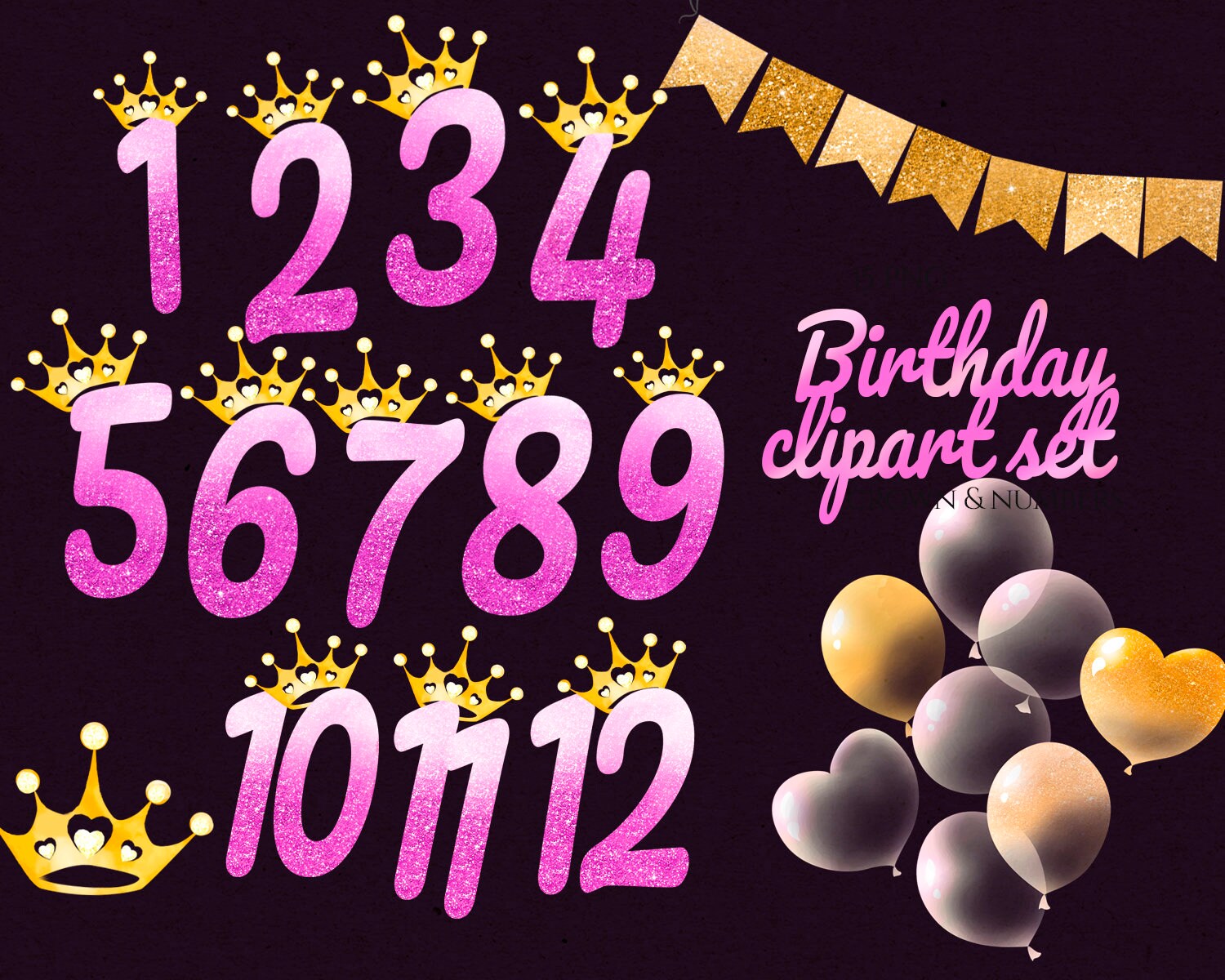 Crown Numbers Clipart Pink Princess Number Glitter Digital | Etsy