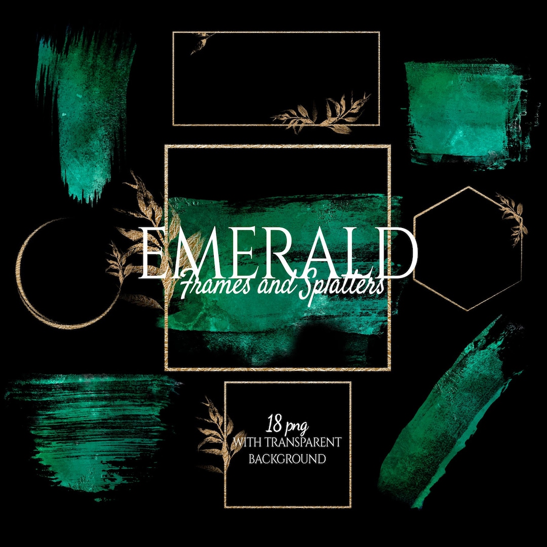 Emerald Watercolor Brush Strokes in Gold Foil Frames, Gold Frame ...