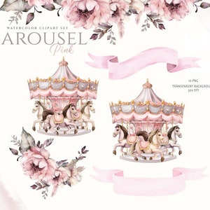 Watercolor Pink Carousel Clipart, Newborn Baby, Nursery Clipart ...