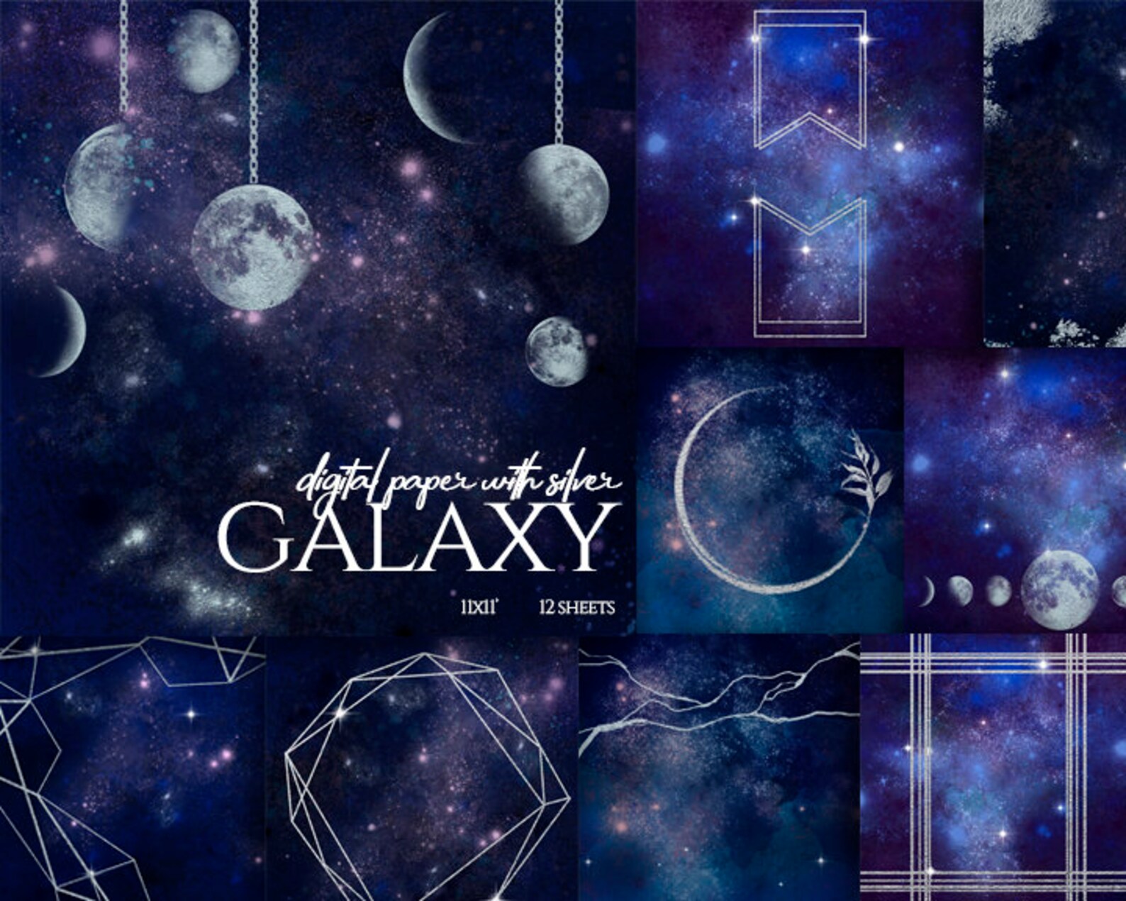 Galaxy Digital Paper Silver Geometric Frames Outer Space | Etsy