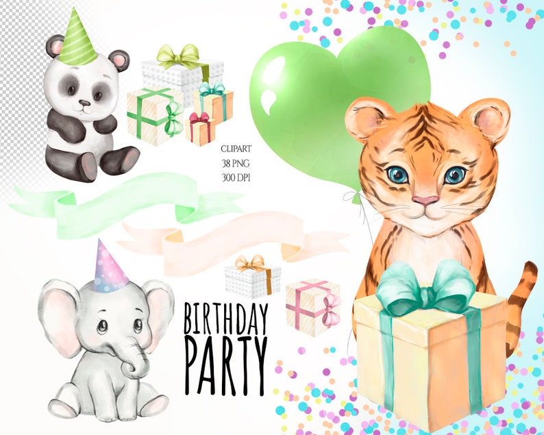 Party Animals Watercolor, Safari Animals Clipart, Elephant, Baby Shower ...