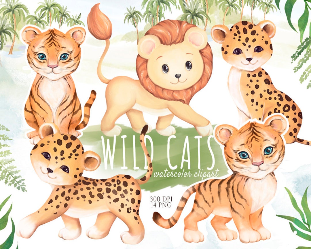Wild Cats, Watercolor Baby Animals Clipart, Wild African, Cute Lion ...