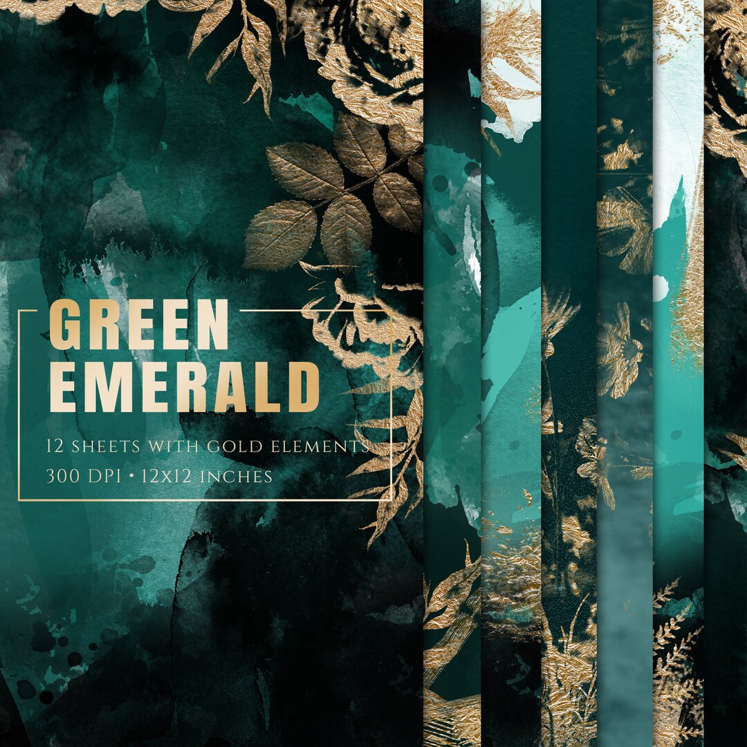 Emerald Digital Paper Set, Gold Foil Flowers, Deep Green Watercolor ...