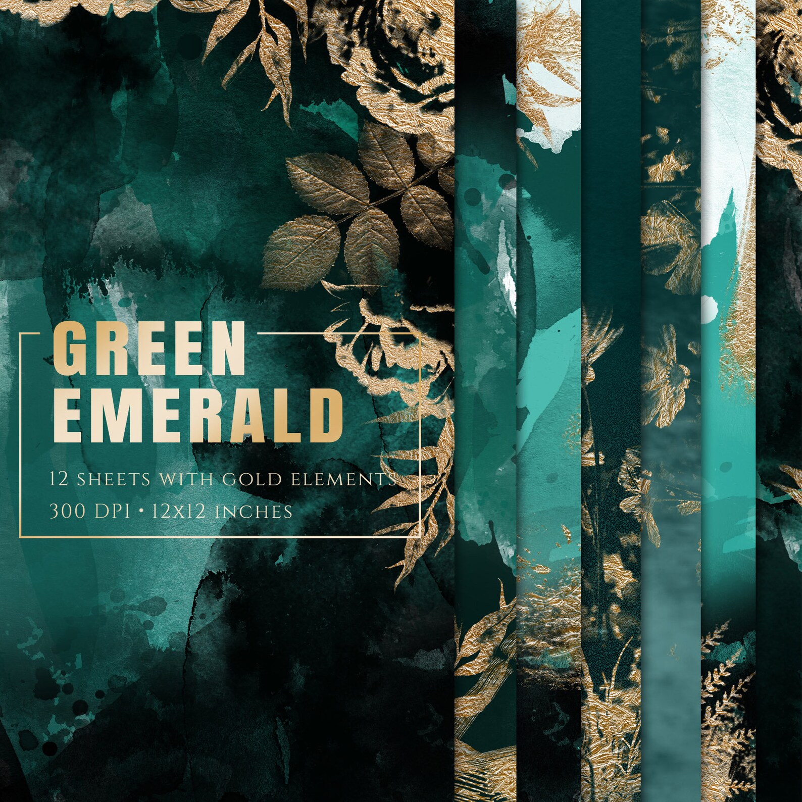 Emerald Digital Paper Set Gold Foil Flowers Deep Green - Etsy