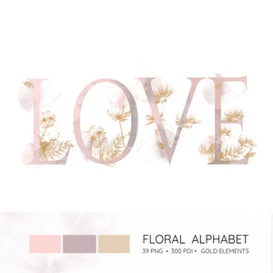 Watercolor Floral Alphabet With Gold Foil Leaves, Letters Clipart ...