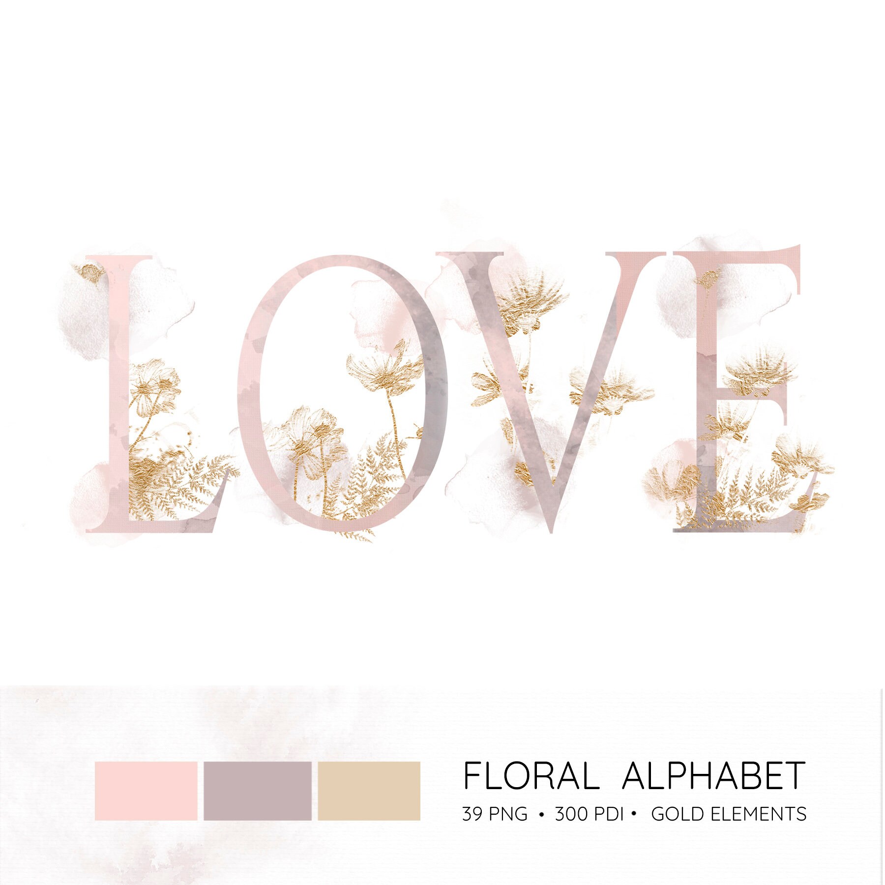 Watercolor Floral Alphabet With Gold Foil Leaves Letters - Etsy