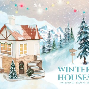 Winter Village Clipart, Christmas Landscape, Winter Clipart, Mountain ...